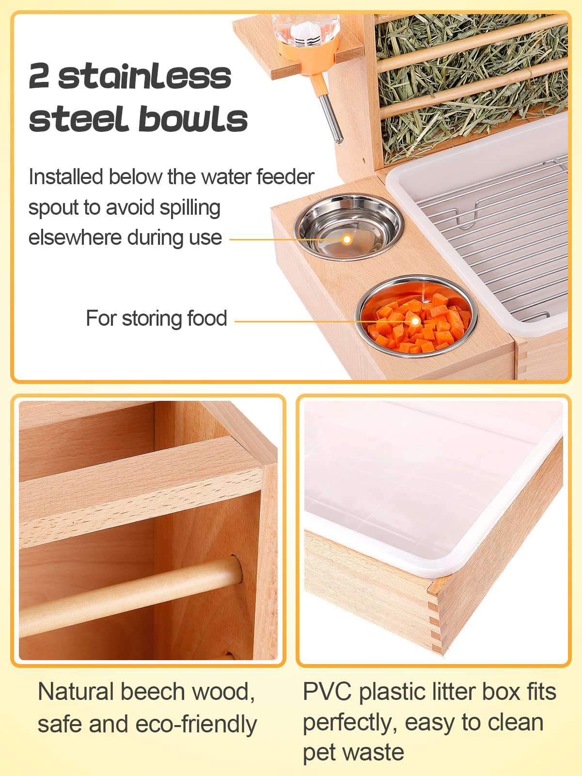 4 in 1 Rabbit Hay Feeder with Litter Box Bowls & Water Feeder, Safe Wooden Bunny Feeder Manger, Hay Holder Rack Toilet for Guinea Pig Hamster Small Animals