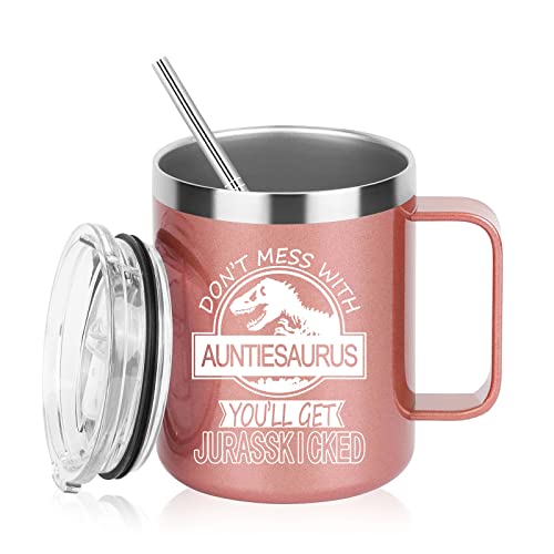 Auntiesaurus Cup Don't Mess with Auntiesaurus You'll Get Jurasskicked Stainless Steel Insulated Mug Birthday Mothers Day Gifts for Auntie Aunt from Nephew Niece Auntie Gifts 12OZ Rose Gold