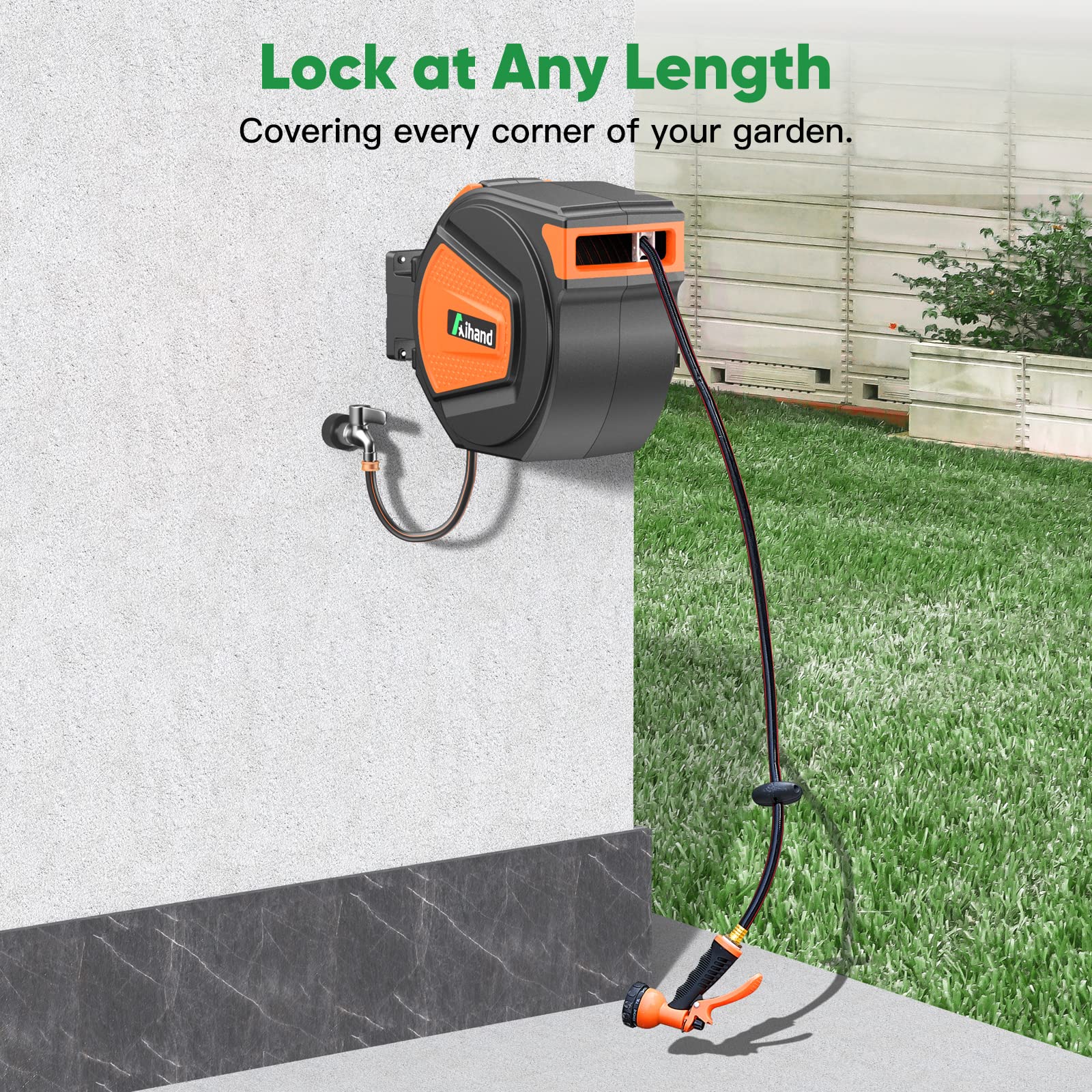 Retractable Garden Water Hose Reel Aihand 100ft x 1/2" Wall Mount Automatic Garden Hose Reels for Outside, Hose Reel Heavy Duty with 180° Swivel Bracket