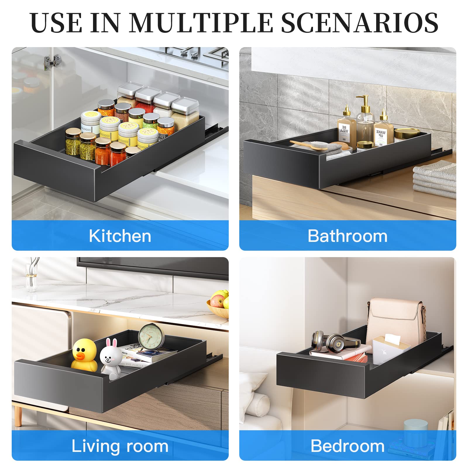 Pull Out Cabinet Organizer Fixed With Adhesive Nano Film,Heavy Duty Storage and Organization Slide Out Pantry Shelves Sliding Drawer Pantry Shelf for Kitchen,Living Room 9.8"W x 16.9"D x3.1"H(1PC)