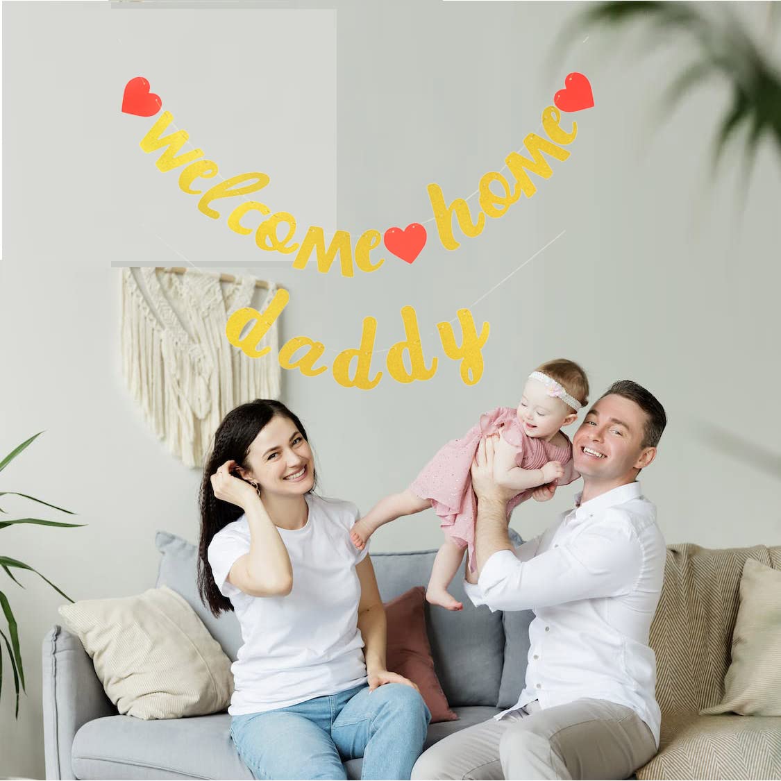 Vrogadso Welcome Home Daddy Banner Pre-Strung No DIY Rose Gold Glittery Party Decorations