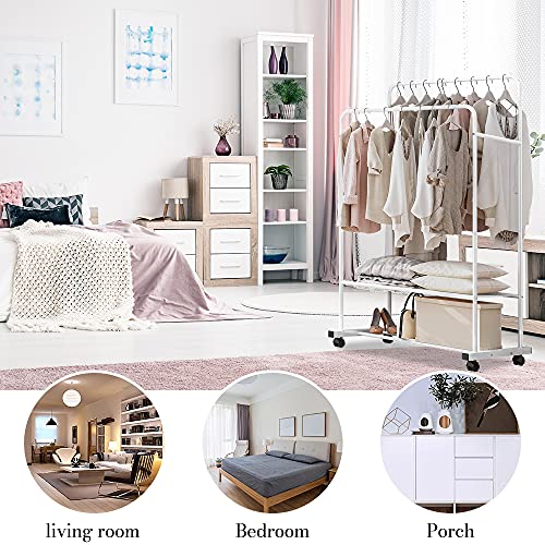 ZZBIQS 2-Tiers Rolling Garment Rack with Shelves, Clothing Rack on Wheels, Heavy Duty Coat Rack, Double Hanging Rails & Lockable Wheels, 31" L x 20" W x 53" H, Max Load 170LBS, White