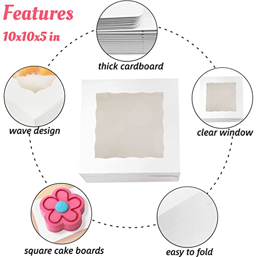 Feelfine Cake Boxes 10 Inch, 10x10x5 Cake Boxes with Square Cake Boards, 24 PCS Bakery Boxes with Window(12 Cake Boxes & 12 Boards) Cajas Para Pasteles for Cakes Pastries Cookies