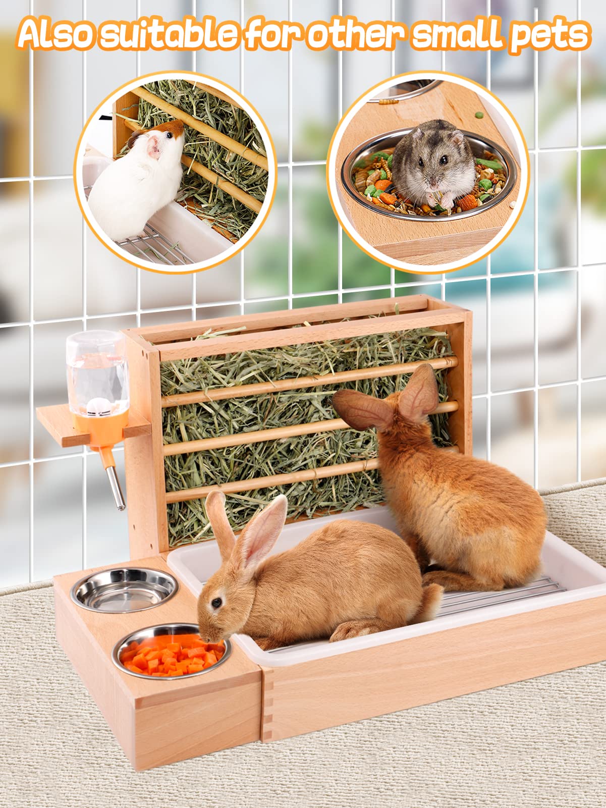 4 in 1 Rabbit Hay Feeder with Litter Box Bowls & Water Feeder, Safe Wooden Bunny Feeder Manger, Hay Holder Rack Toilet for Guinea Pig Hamster Small Animals
