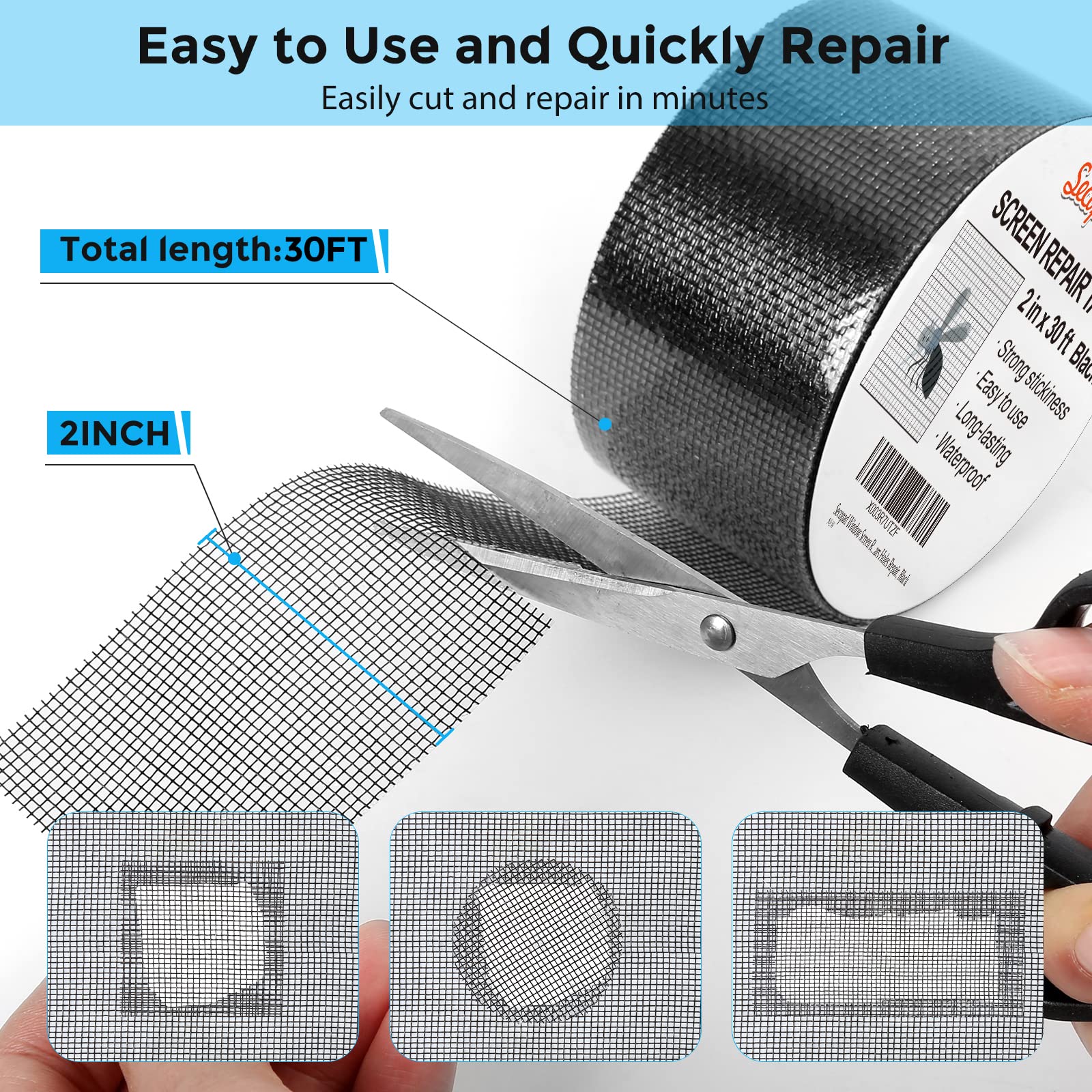 Secopad Black Window Screen Repair Tape, 2 in X 30 FT (360IN) Screen Repair Kit for Windows or Doors, Strong Adhesive Screen Patch Fiberglass Screen Tape Mesh Repair