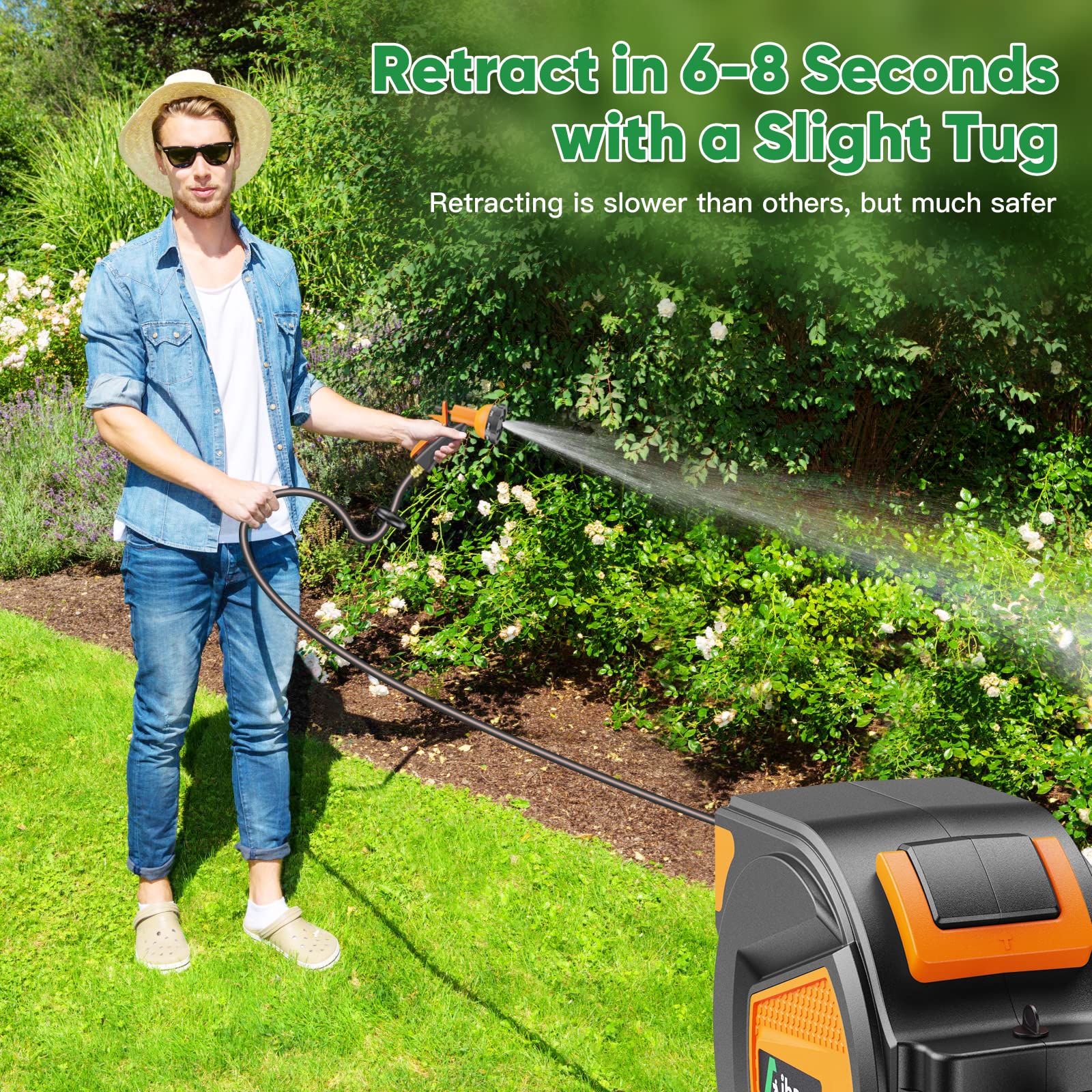 Retractable Garden Water Hose Reel Aihand 100ft x 1/2" Wall Mount Automatic Garden Hose Reels for Outside, Hose Reel Heavy Duty with 180° Swivel Bracket