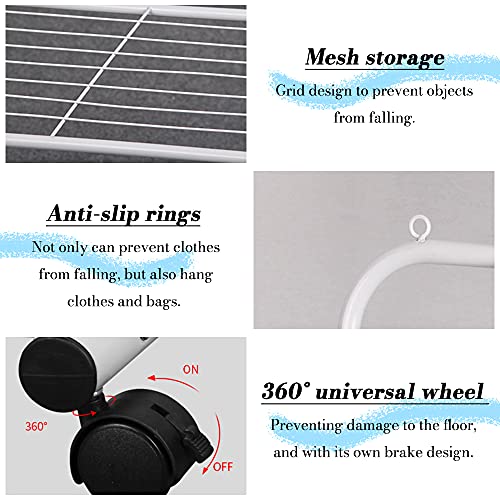ZZBIQS 2-Tiers Rolling Garment Rack with Shelves, Clothing Rack on Wheels, Heavy Duty Coat Rack, Double Hanging Rails & Lockable Wheels, 31" L x 20" W x 53" H, Max Load 170LBS, White