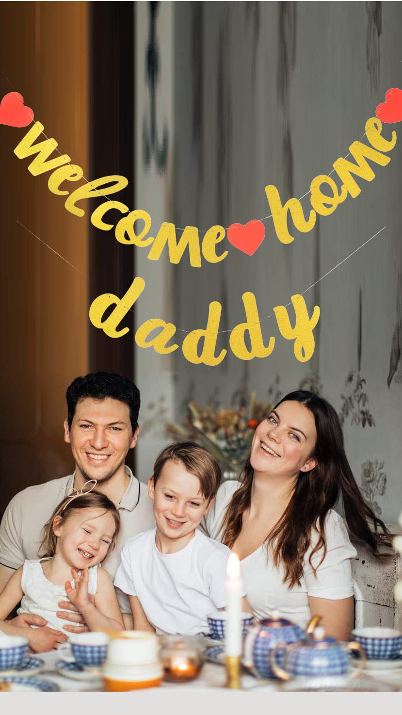 Vrogadso Welcome Home Daddy Banner Pre-Strung No DIY Rose Gold Glittery Party Decorations