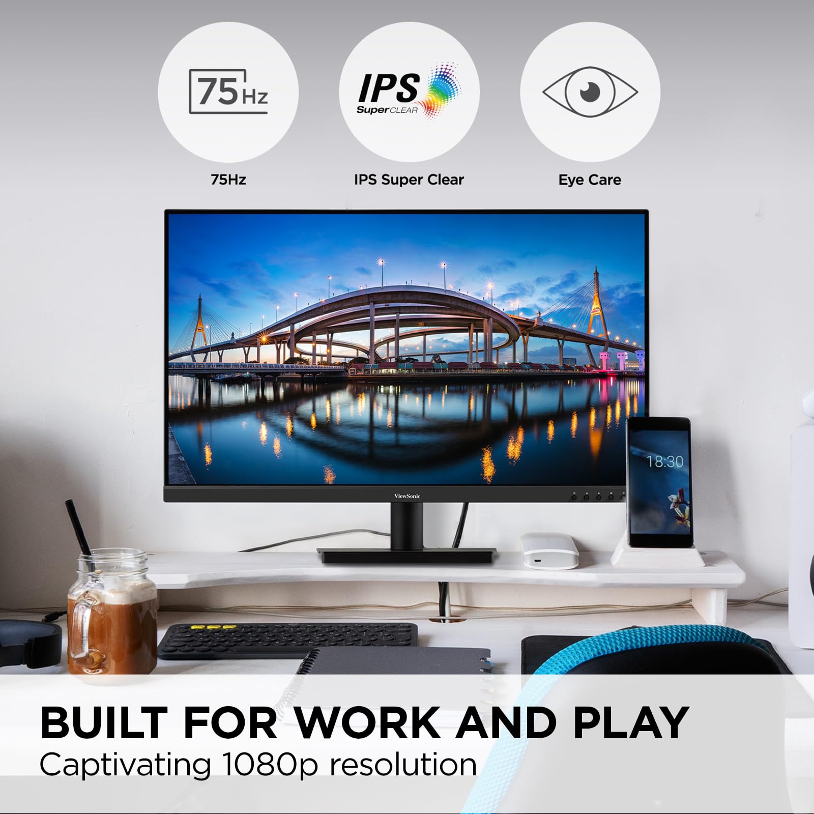 ViewSonic VA3209M 32 Inch IPS Full HD 1080p Monitor with Frameless Design, 75 Hz, Dual Speakers, HDMI, and VGA Inputs for Home and Office,Black