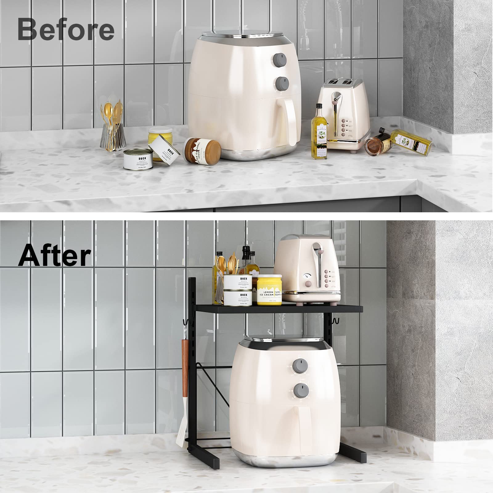 Kitchen Countertop Organizer Coffee Stand Station Kitchen Pantry Storage Cabinet Adjustable Shelf with Hooks Kitchen Appliance Storage for Air Fryer Rick Cooker