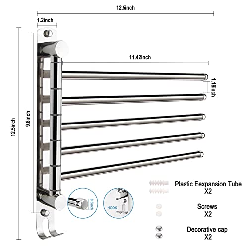 SCDGRW Swivel Towel bar 5 arm - Stainless Steel Bathroom Swing Towel Rack with Hook- Wall Mounted Towel Holder Storage Organizer for Bathroom Kitchen
