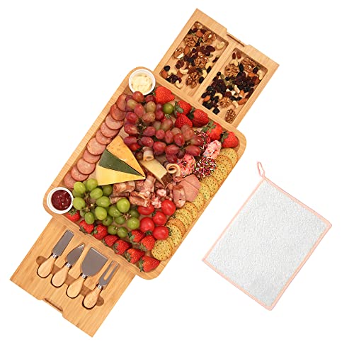 Weoowin Bamboo Charcuterie Boards and Knife Set - Large Cheese Board, Cheese Platter & Tray, Unique House Warming, Birthday, Christmas, Wedding, Registry, Bridal Gift
