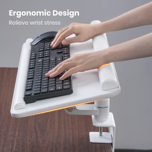 Tilt&Height Adjustable Keyboard Tray Under Desk&Above Desk - Klearlook 2 in 1 PU Leather Sit Stand Keyboard Riser w/360° Rotation, 25x11"Clamp-on Keyboard Stand Desk Extender w/Wrist Rest&Drawer-White