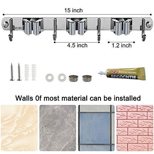 2 Pack Mop and Broom Holder, Broom Holder Wall Mount, Broom Organizer Wall Mount, Stainless Steel Broom Holder with 3 Racks and 4 Hooks, Mop Holder for Home Kitchen Office Garden Garage