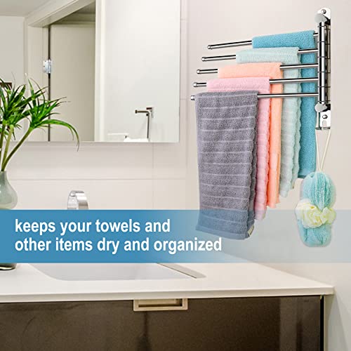 SCDGRW Swivel Towel bar 5 arm - Stainless Steel Bathroom Swing Towel Rack with Hook- Wall Mounted Towel Holder Storage Organizer for Bathroom Kitchen