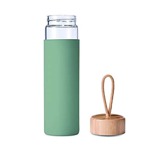 Yomious 20 Oz Borosilicate Glass Water Bottle with Bamboo Lid and Silicone Sleeve – Reusable BPA Free – Glass Drinking Bottle with Lids - Cute Glass Bottle for Women - Glass Shaker Bottle