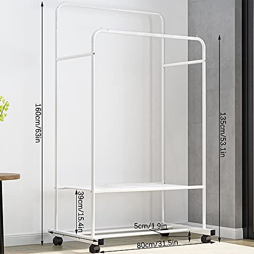 ZZBIQS 2-Tiers Rolling Garment Rack with Shelves, Clothing Rack on Wheels, Heavy Duty Coat Rack, Double Hanging Rails & Lockable Wheels, 31" L x 20" W x 53" H, Max Load 170LBS, White