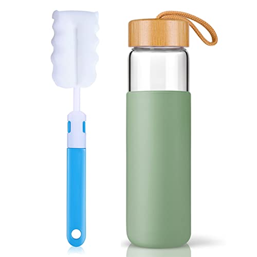 Yomious 20 Oz Borosilicate Glass Water Bottle with Bamboo Lid and Silicone Sleeve – Reusable BPA Free – Glass Drinking Bottle with Lids - Cute Glass Bottle for Women - Glass Shaker Bottle
