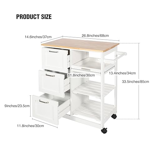 AKVOMBI Rolling Kitchen Island Cart with Wood Countertop, White Kitchen Trolley Carts on Wheels with 3 Drawers, Towel Rack, Adjustable Shelves