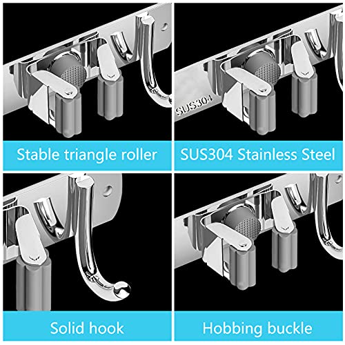 2 Pack Mop and Broom Holder, Broom Holder Wall Mount, Broom Organizer Wall Mount, Stainless Steel Broom Holder with 3 Racks and 4 Hooks, Mop Holder for Home Kitchen Office Garden Garage