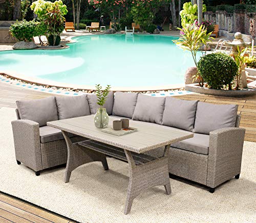 Voohek Patio Outdoor Furniture PE Rattan Wicker Conversation Set All-Weather Sectional Sofas, Brown