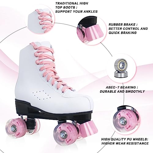 Roller Skates for Women with PU Leather High-top Double Row Rollerskates, Unisex-Adult Indoor Outdoor White & Pink Derby Skate Size 8 with Wear-Resistant Rubber Fast Braking for Beginner