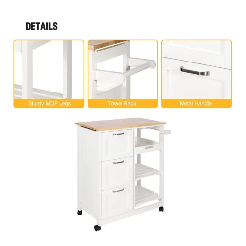 AKVOMBI Rolling Kitchen Island Cart with Wood Countertop, White Kitchen Trolley Carts on Wheels with 3 Drawers, Towel Rack, Adjustable Shelves