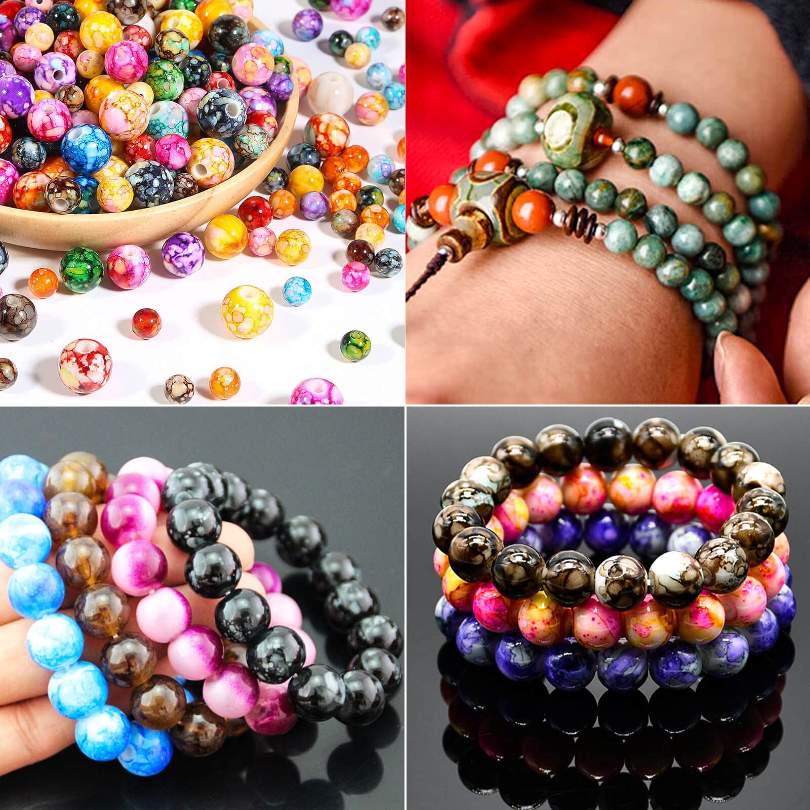 Glass Beads for Jewelry Making, 600pcs 8mm Glass Crystal Pattern Beads 24 Colors Snowflake Marble Gemstone Beads Imitation Jade Craft Beads for DIY Earrings Necklace Bracelet (Snowflake Crystal Bead)