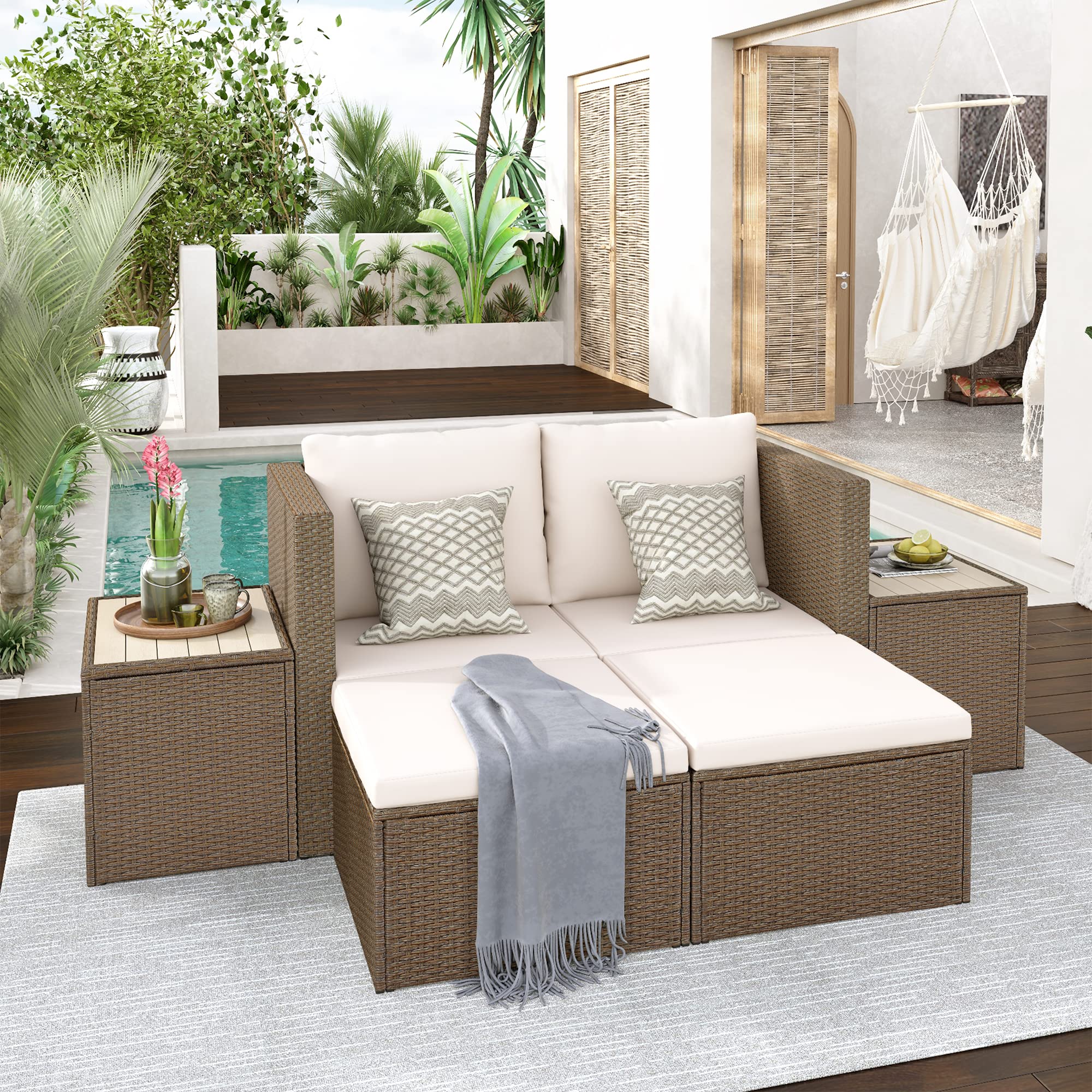 KLMM 6-Piece Outdoor Garden Furniture Set,Patio PE Wicker Rattan Conversation Sofa Set with 2 Tea Tables,for Porch Lawn Garden Backyard Poolside