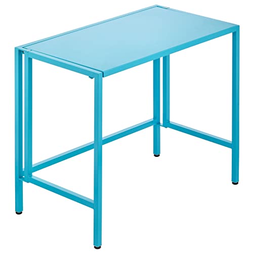 mDesign Folding Desk for Compact Spaces - Collapsible Compact Writing and Computer Workstation Steel Furniture Table for Living Room, Dorm, Home Office, and Bedroom - Ocean Blue
