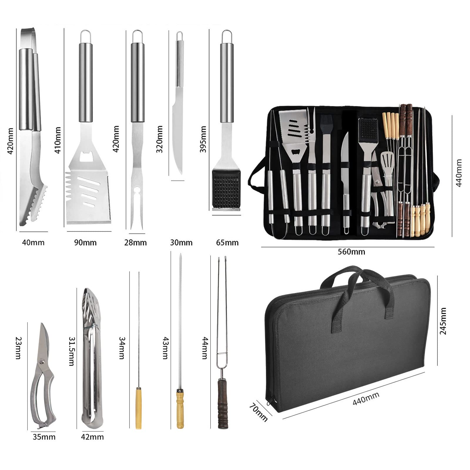 SEFAX Stainless Steel Grill Accessories, 20PCS BBQ Grill Tools Set with Storage Bag, Portable Grilling Utensil Kit for Travel, Picnics, RVs, Camping, BBQs
