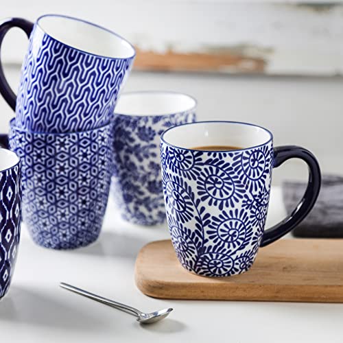 Selamica 16 oz Porcelain Coffee Mugs Set, Ceramic Tea Cup with Handle, dishwasher, oven, microwave safe, Christmas Gift, Pack of 6, Vintage Blue