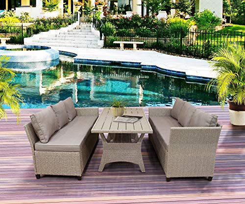 Voohek Patio Outdoor Furniture PE Rattan Wicker Conversation Set All-Weather Sectional Sofas, Brown