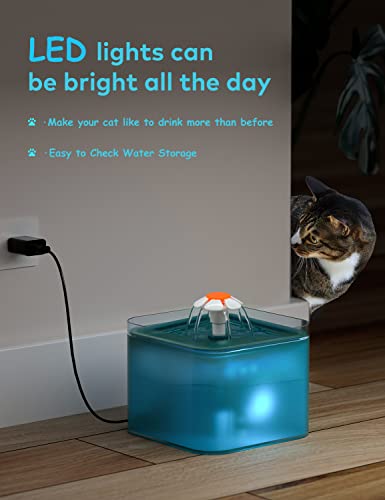 AONBOY Cat Water Fountain, Ultra Silent Cat Fountain 67oz/2L, with LED Light, Activated Carbon Filter, Pet Water Fountain for Cats and Small Dogs