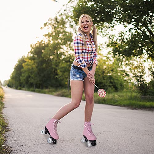 Roller Skates for Women with PU Leather High-top Double Row Rollerskates, Unisex-Adult Indoor Outdoor White & Pink Derby Skate Size 8 with Wear-Resistant Rubber Fast Braking for Beginner