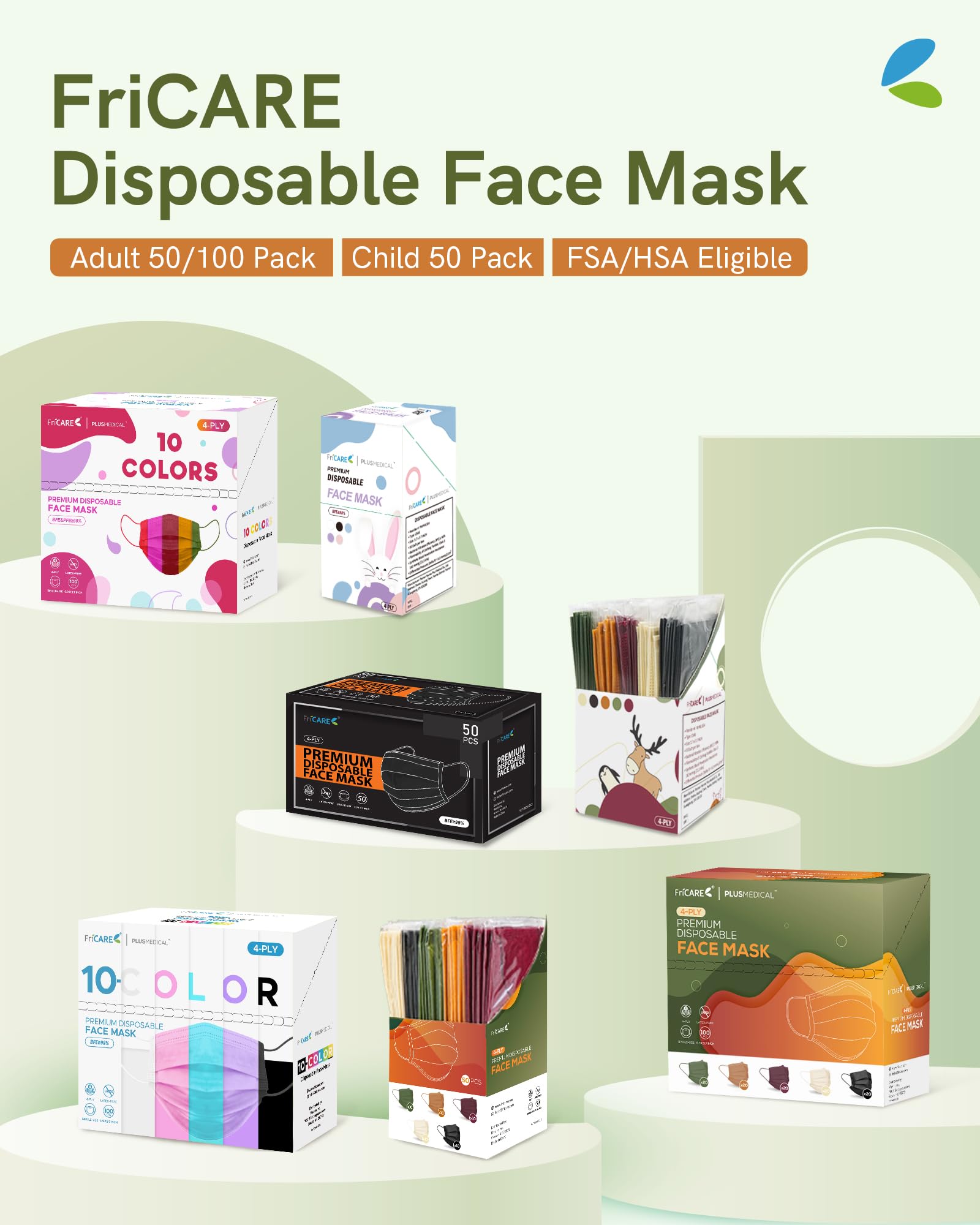 FriCARE Face Masks Disposable for Adults, 4 Ply ASTM Level 3, FSA HSA Eligible, Allergy Protection, Individually Wrapped, 100 Pack, Assorted Fall