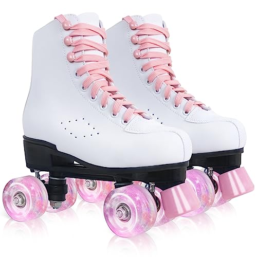 Roller Skates for Women with PU Leather High-top Double Row Rollerskates, Unisex-Adult Indoor Outdoor White & Pink Derby Skate Size 8 with Wear-Resistant Rubber Fast Braking for Beginner