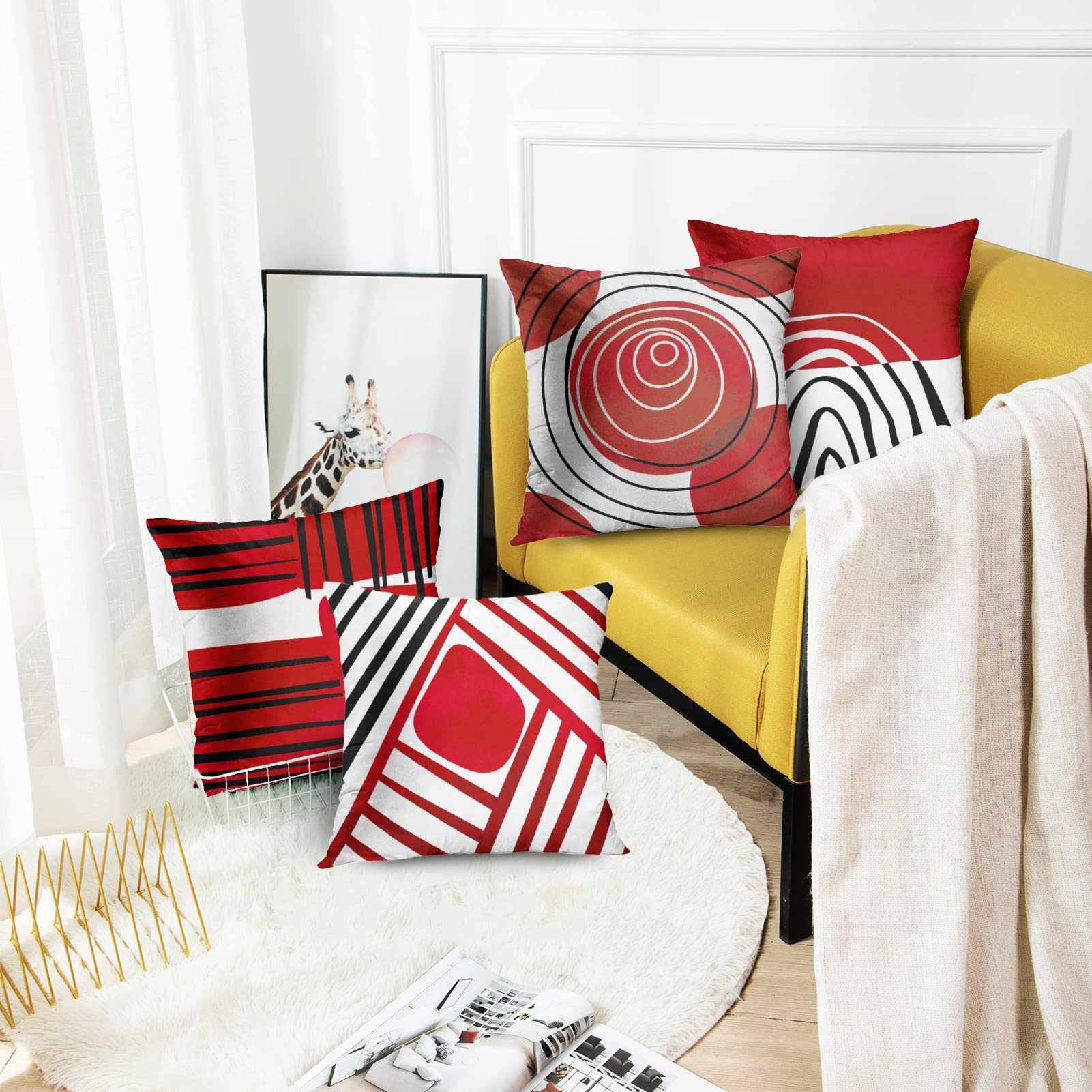 Emvency Boho Set of 4 Throw Pillow Covers Mid Century Bohemian Red Black Abstract Geometric Decorative Pillow Cases Home Decor Standard Square 18x18 Inches Pillowcases