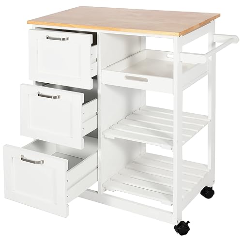 AKVOMBI Rolling Kitchen Island Cart with Wood Countertop, White Kitchen Trolley Carts on Wheels with 3 Drawers, Towel Rack, Adjustable Shelves