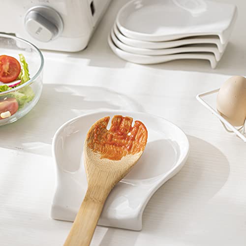 HOMBENE Spoon Rest for Kitchen Counter, 5.5 Inches Spoon Holder, Ceramic Ladle Rest for Stove Top, Spatula Holder Porcelain, Coffee, Kitchen Utensils Accessories, Set of 4, White