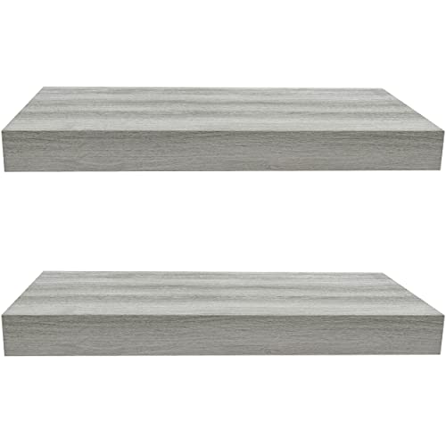 Ballucci Floating Shelves Set Extra Wide, 2-Pack 16" L Wood Wall Mounted Ledges with Invisible Brackets for Living Room, Bedroom, Bathroom, Kitchen, Nursery, 8" Deep - Gray Oak
