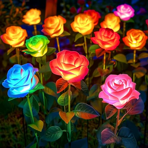KOOPER Solar Garden Lights Outdoor Waterproof, 6Pack Solar Outdoor Lights with 30 More Realistic Rose Flower, 7-Color Changing Outdoor Solar Lights for Yard Lawn Patio Garden Decor, Bigger Solar Panel