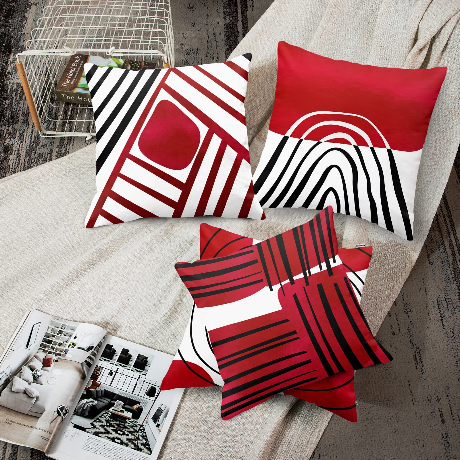 Emvency Boho Set of 4 Throw Pillow Covers Mid Century Bohemian Red Black Abstract Geometric Decorative Pillow Cases Home Decor Standard Square 18x18 Inches Pillowcases