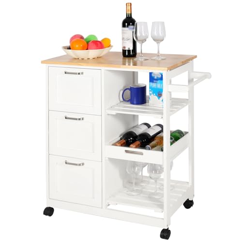 AKVOMBI Rolling Kitchen Island Cart with Wood Countertop, White Kitchen Trolley Carts on Wheels with 3 Drawers, Towel Rack, Adjustable Shelves