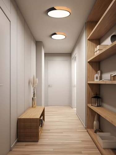 Goomavi Modern LED Ceiling Light, Black Round Wood Flush Mount Ceiling Light Fixture,Minimalist Lighting Ceiling Lamp for Hallway Entryway Bedroom Closet Laundry Room-Not Dimmable 4000K 11.8 Inch