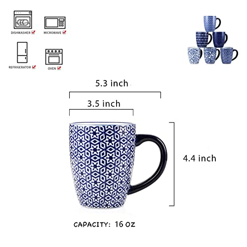 Selamica 16 oz Porcelain Coffee Mugs Set, Ceramic Tea Cup with Handle, dishwasher, oven, microwave safe, Christmas Gift, Pack of 6, Vintage Blue