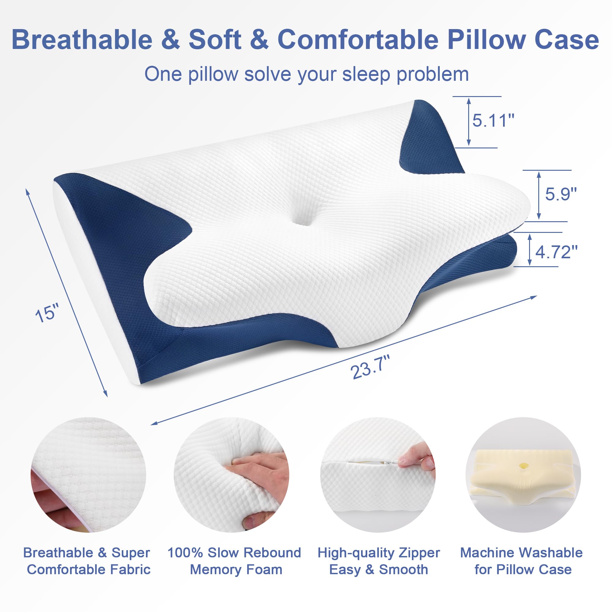 Cervical Pillow for Neck and Shoulder Pain Relief, Contour Memory Foam Neck Support Pillow, Ergonomic Orthopedic Sleeping Bed Pillow for Side Back Stomach Sleepers, Breathable Cover, Mom Dad Gifts