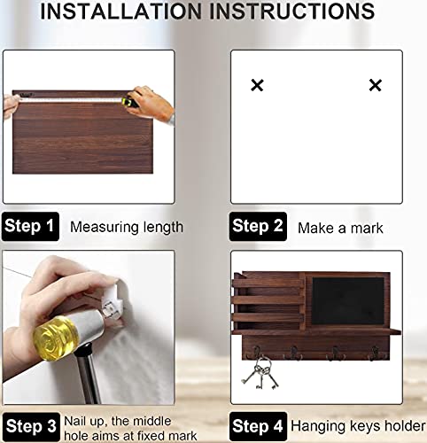Megadream Key Holder for Wall, Front Door Organizer Wooden Mail Letter Holder Box, Key Ring Holder for Wall with Chalkboard, 4 Double Key|Coat|Bag Hooks