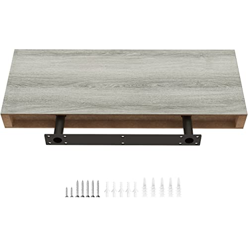 Ballucci Floating Shelves Set Extra Wide, 2-Pack 16" L Wood Wall Mounted Ledges with Invisible Brackets for Living Room, Bedroom, Bathroom, Kitchen, Nursery, 8" Deep - Gray Oak