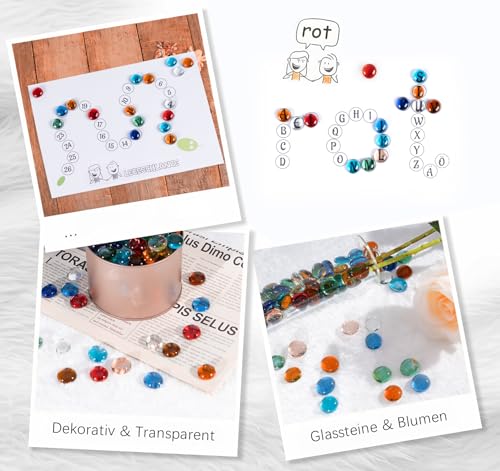 ABSOFINE Glass Gems, 900g Blended Fire Glass Beads,Colour Glass Stones Flat Bottom Beads for Home Decorative Art Craft Vase Filler(About 200 PCS)